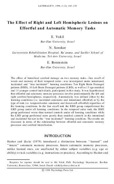 (PDF) The Effect of Right and Left Hemispheric Lesions on Effortful and Automatic Memory Tasks