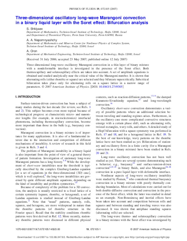 (PDF) Three-dimensional oscillatory long-wave Marangoni convection in a binary liquid layer with ...