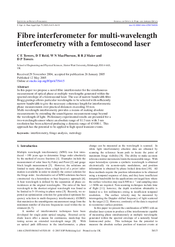 (PDF) Fibre interferometer for multi-wavelength interferometry with a femtosecond laser