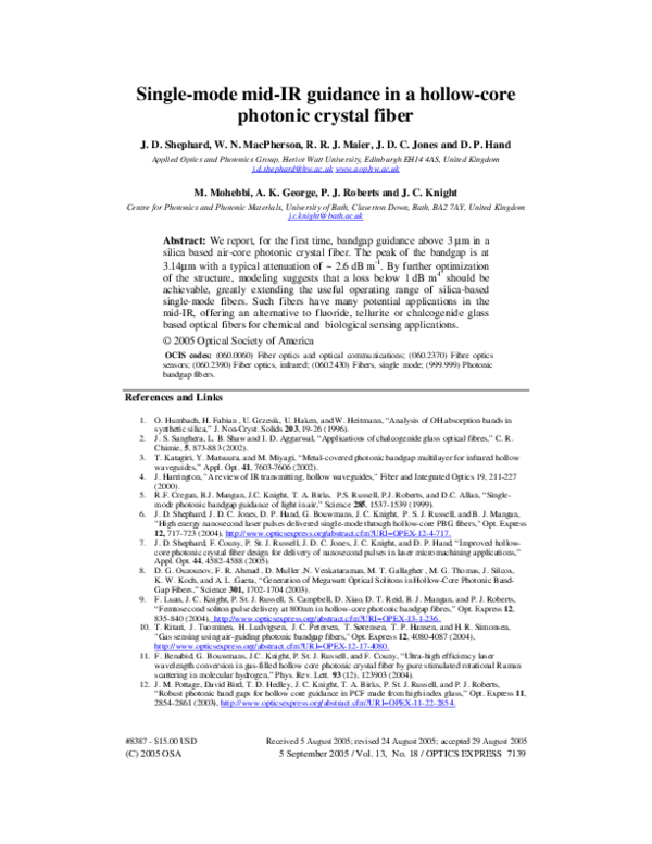 (PDF) Single-mode mid-IR guidance in a hollow-core photonic crystal fiber