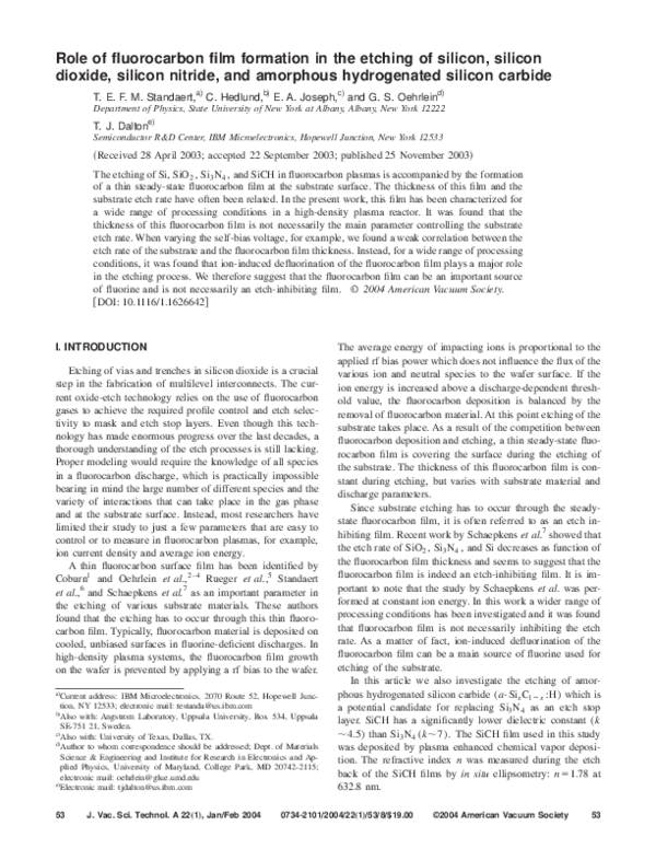 (PDF) Role of fluorocarbon film formation in the etching of silicon, silicon dioxide, silicon ...