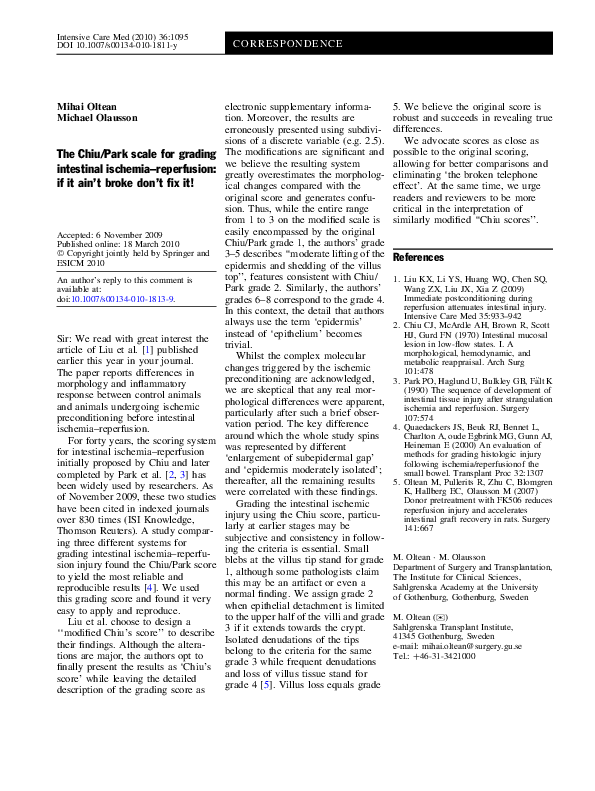 (PDF) The Chiu/Park scale for grading intestinal ischemia–reperfusion ...