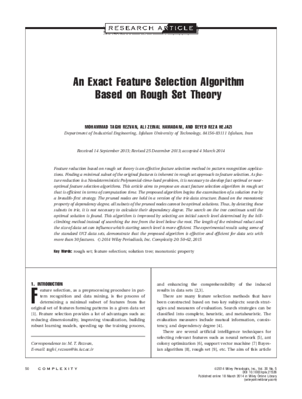 (PDF) An exact feature selection algorithm based on rough set theory