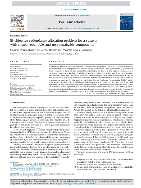 Pdf Bi Objective Redundancy Allocation Problem For A System With Mixed Repairable And Non