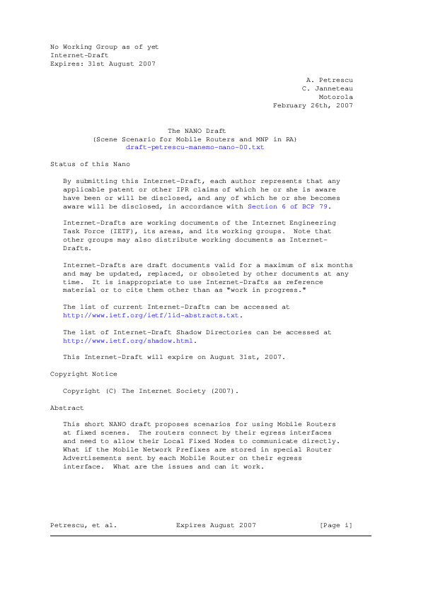 (PDF) The NANO Draft (Scene Scenario for Mobile Routers and MNP in RA)