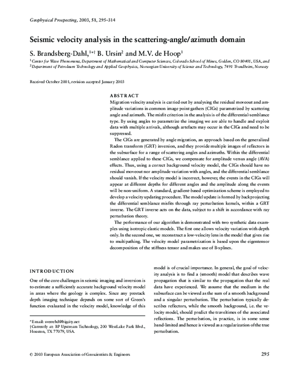 (PDF) Seismic velocity analysis in the scattering-angle/azimuth domain
