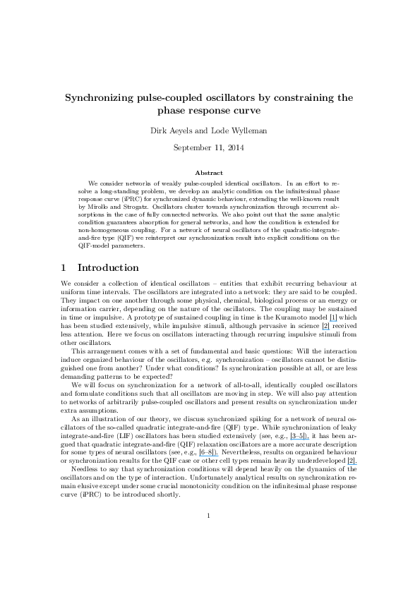 Pdf Synchronizing Pulse Coupled Oscillators By Constraining The Phase Response Curve