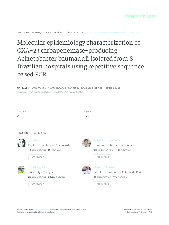 (PDF) Molecular epidemiology characterization of OXA-23 carbapenemase-producing Acinetobacter ...