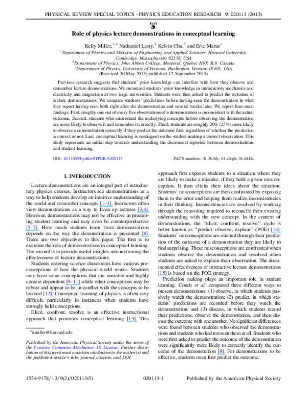 (PDF) Role of physics lecture demonstrations in conceptual learning