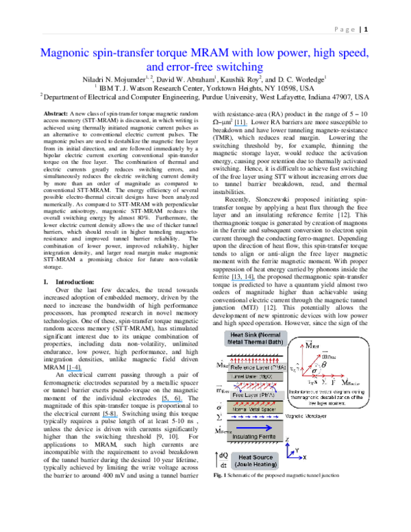 (PDF) Magnonic Spin-Transfer Torque MRAM With Low Power, High Speed, and Error-Free Switching