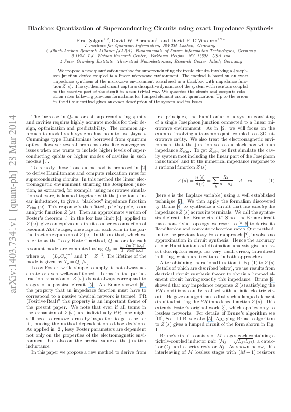 Pdf Blackbox Quantization Of Superconducting Circuits Using Exact Impedance Synthesis
