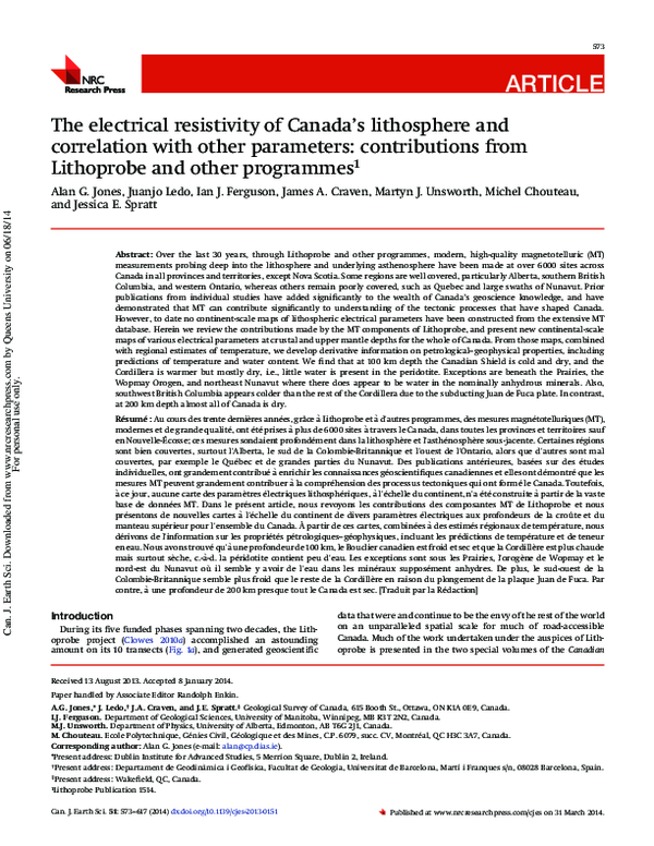 (PDF) The electrical resistivity of Canada’s lithosphere and ...