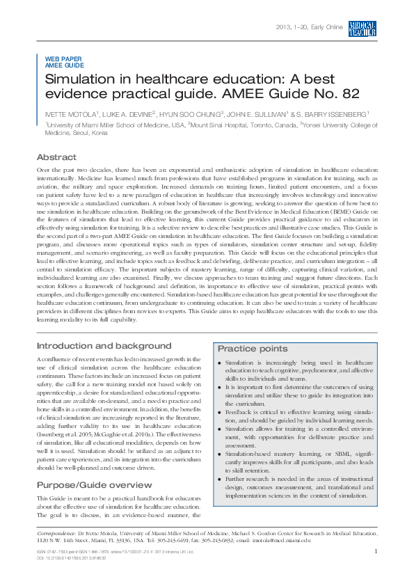 (PDF) Simulation in healthcare education: A best evidence practical ... (PDF) Simulation in healthcare education: A best evidence practical ...