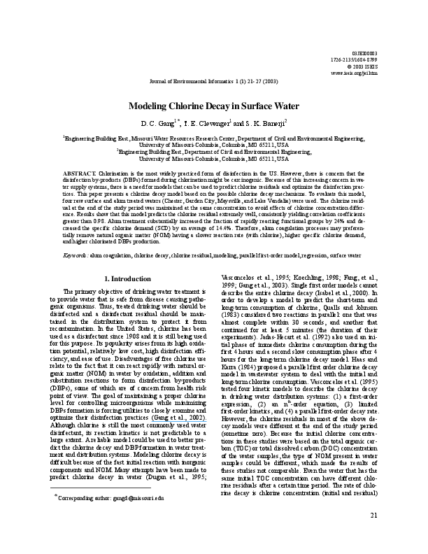 (PDF) Modeling Chlorine Decay in Surface Water