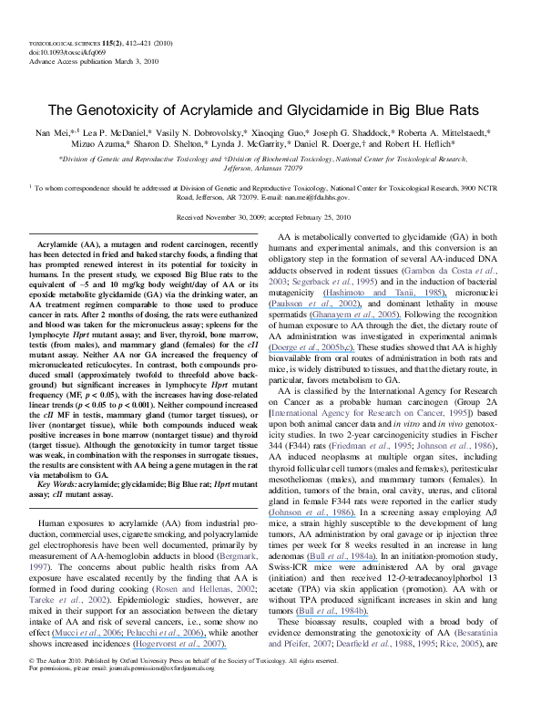 (PDF) The Genotoxicity of Acrylamide and Glycidamide in Big Blue Rats