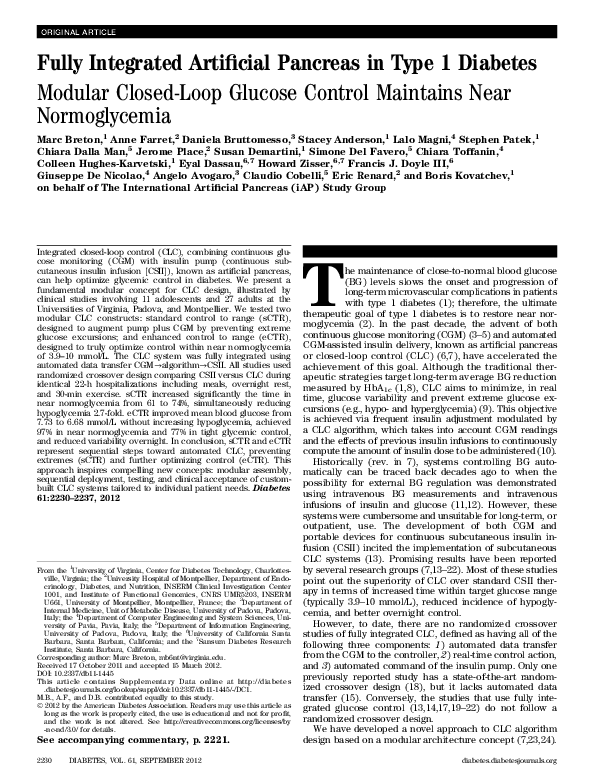 (PDF) Fully Integrated Artificial Pancreas in Type 1 Diabetes: Modular ...