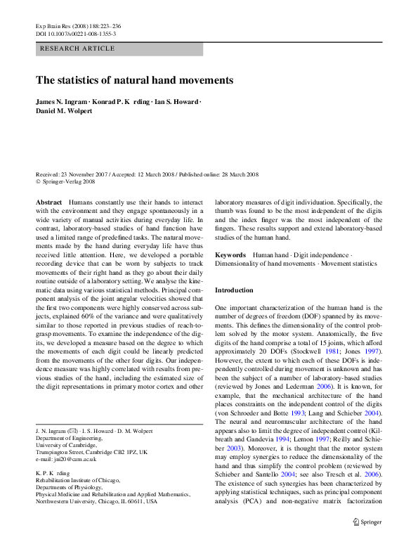 (PDF) The statistics of natural hand movements