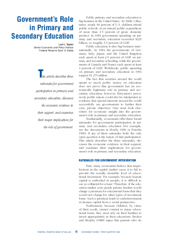 (PDF) Government's role in primary and secondary education