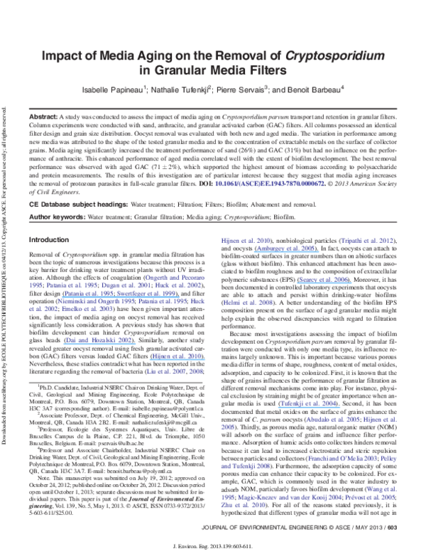 (PDF) Impact of Media Aging on the Removal of Cryptosporidium in ...
