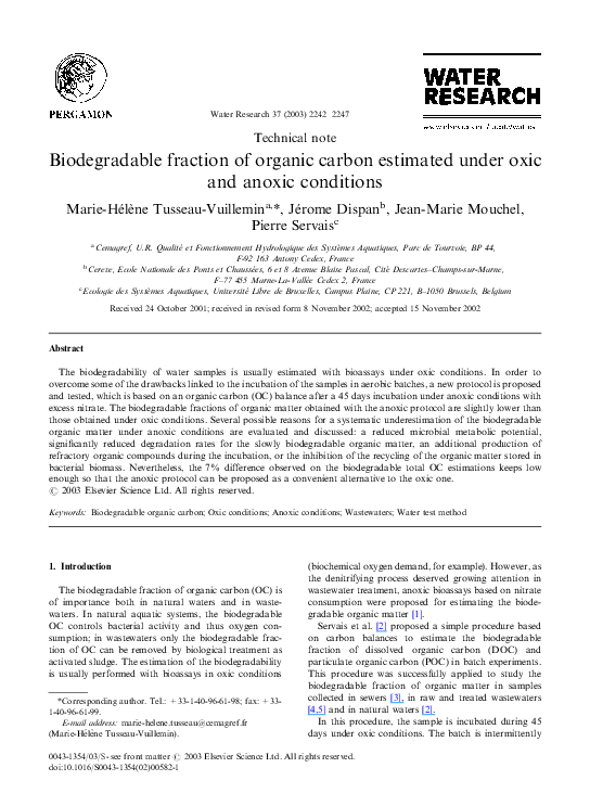 (PDF) Biodegradable fraction of organic carbon estimated under oxic and ...