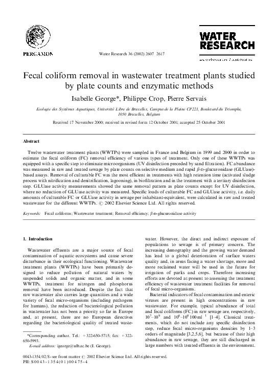 (PDF) Fecal coliform removal in wastewater treatment plants studied by ...