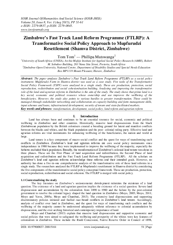 (PDF) Zimbabwe’s Fast Track Land Reform Programme (FTLRP): A ...