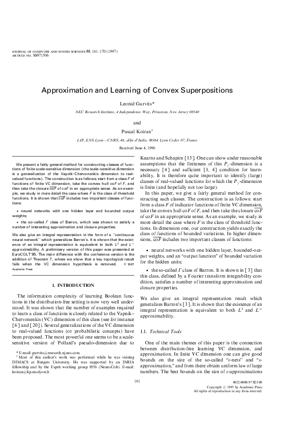 (PDF) Approximation and Learning of Convex Superpositions