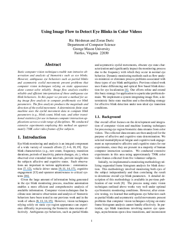 (PDF) Using Image Flow to Detect Eye Blinks in Color Videos