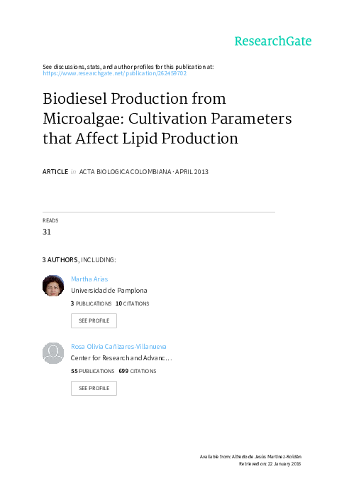 (PDF) Biodiesel Production from Microalgae Cultivation Parameters that Affect Lipid Production