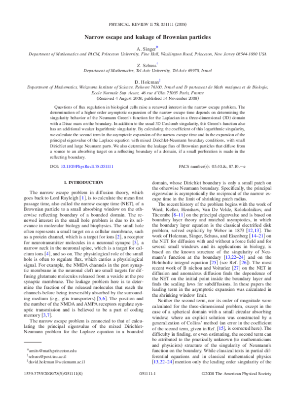 (PDF) Narrow escape and leakage of Brownian particles