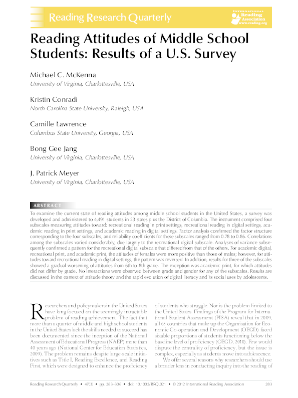 (PDF) Reading Attitudes of Middle School Students: Results of a U.S. Survey