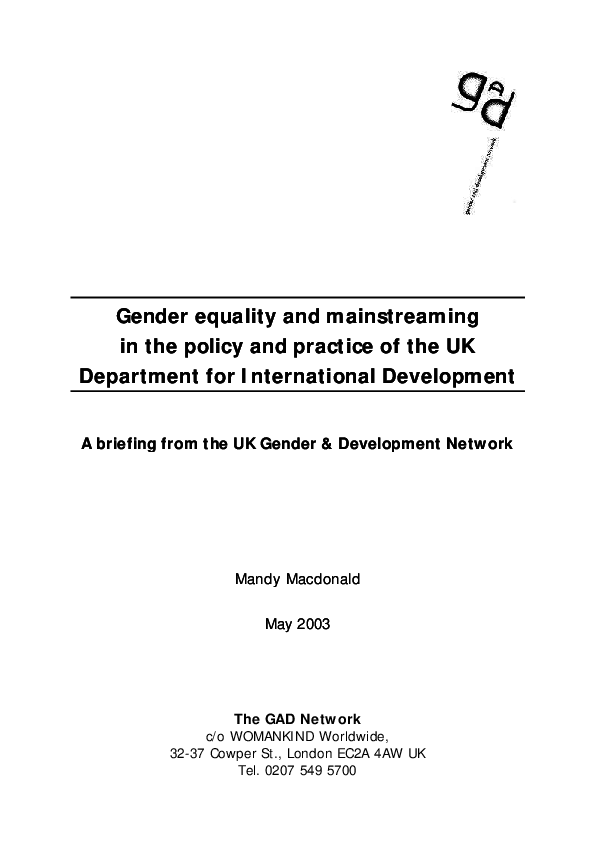 (PDF) Gender equality and mainstreaming in the policy and practice of the UK Department for ...
