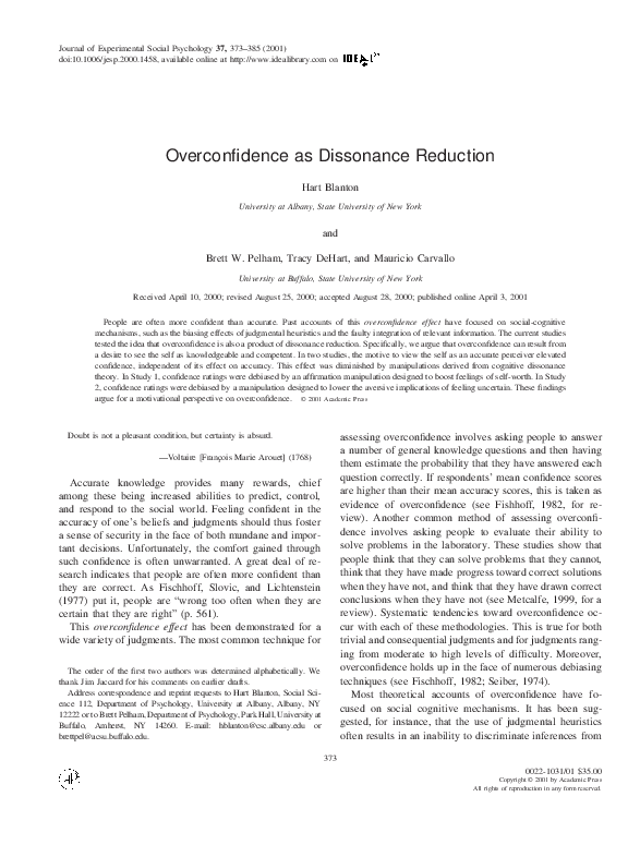(PDF) Overconfidence as Dissonance Reduction