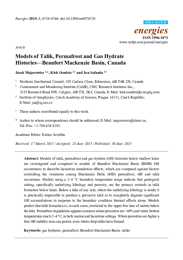 (PDF) Models of Talik, Permafrost and Gas Hydrate Histories—Beaufort ...