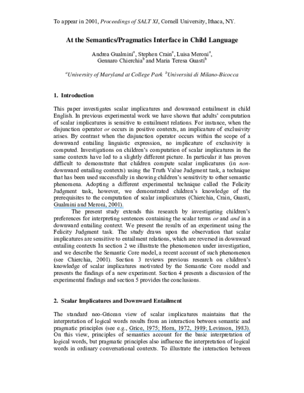 (PDF) At the Semantics / Pragmatics Interface in Child Language