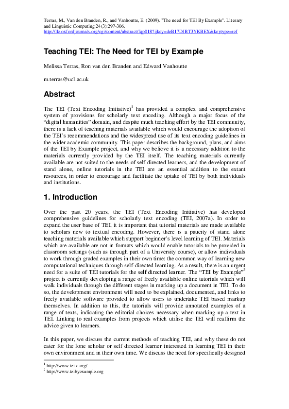 (PDF) Teaching TEI: The Need for TEI by Example