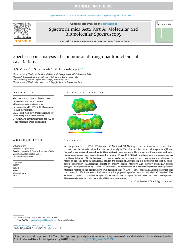 (PDF) Spectroscopic analysis of cinnamic acid using quantum chemical ...