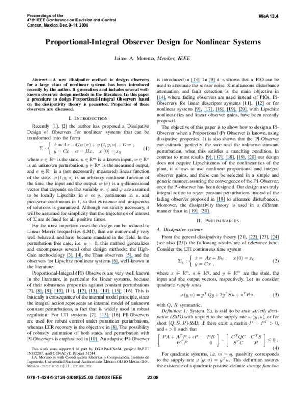 Pdf Proportional Integral Observer Design For Nonlinear Systems Jaime A Moreno