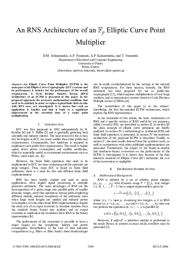 (PDF) An RNS architecture of an F/sub p/ elliptic curve point multiplier