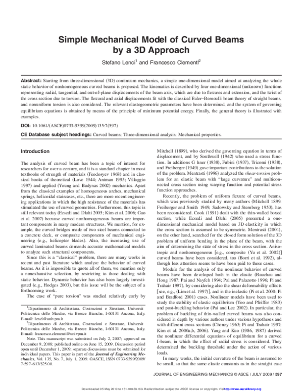 (PDF) Simple Mechanical Model of Curved Beams by a 3D Approach
