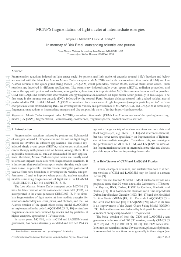 (PDF) MCNP6 fragmentation of light nuclei at intermediate energies