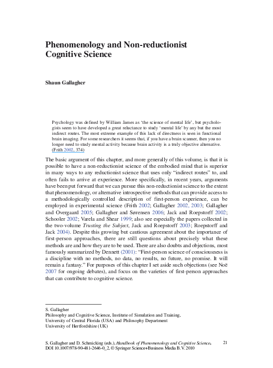 (PDF) Phenomenology and Non-reductionist Cognitive Science