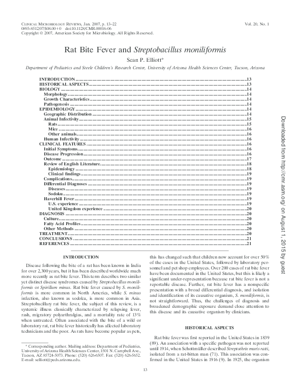 (PDF) Rat Bite Fever and Streptobacillus moniliformis