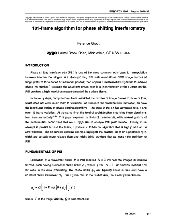 (PDF) 101-frame algorithm for phase-shifting interferometry