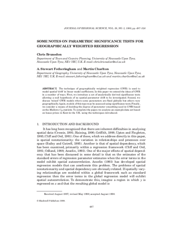 Pdf Some Notes On Parametric Significance Tests For Geographically Weighted Regression