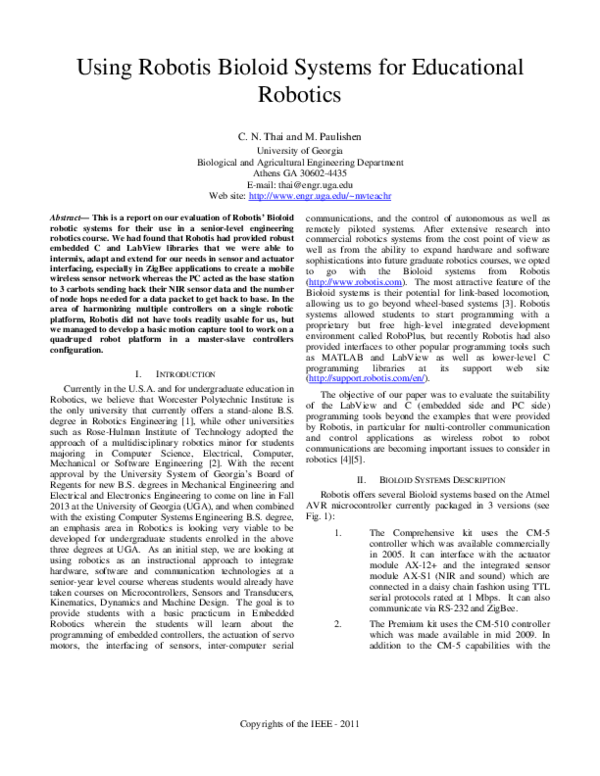 Pdf Using Robotis Bioloid Systems For Instructional Robotics
