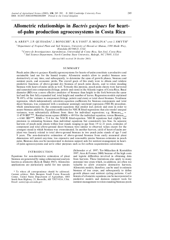 (PDF) Allometric relationships in Bactris gasipaes for heart-of-palm production agroecosystems ...