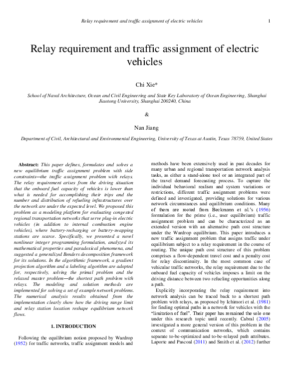 Relay Requirement And Traffic Assignment Of Electric Vehicles