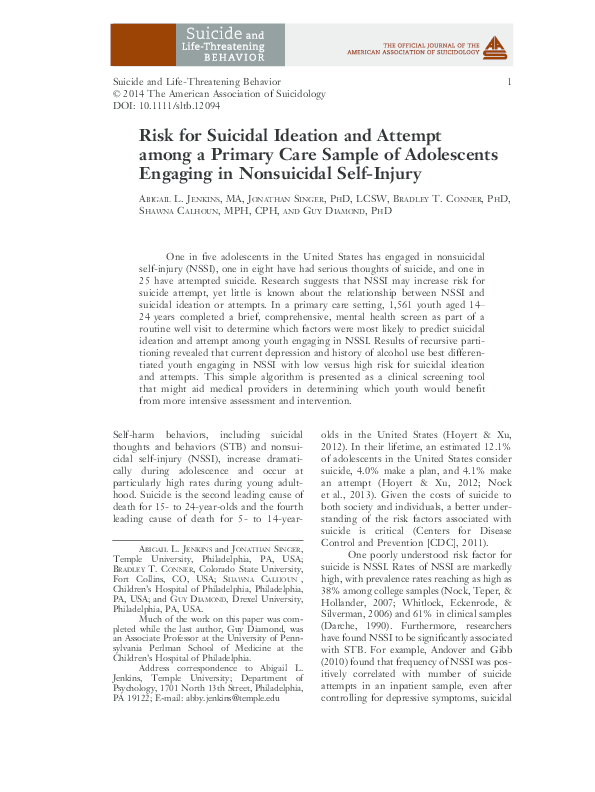 (PDF) Risk for Suicidal Ideation and Attempt among a Primary Care ...