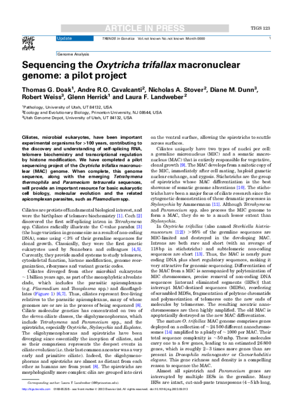 (PDF) Sequencing the Oxytricha trifallax macronuclear genome: a pilot ...